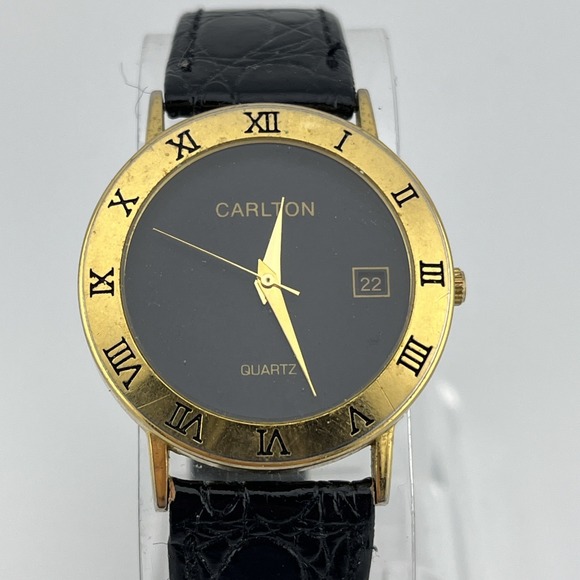 Carlton | Accessories | Vintage Carlton Watch 33mm Gold Case Black ...